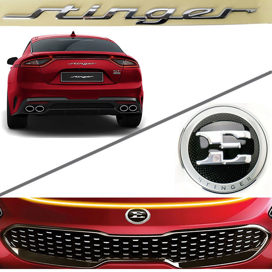 New OEM Front Rear Nameplate E logo Stinger Emblem 2pc Set for Kia Sti